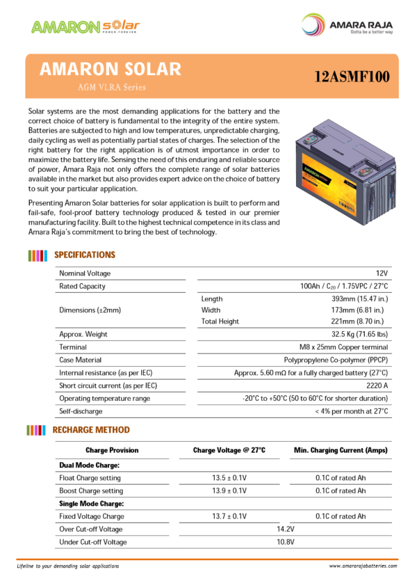 Amaron Solar Battery 100AH 12V AGM VRLA Series 12ASMF100 India